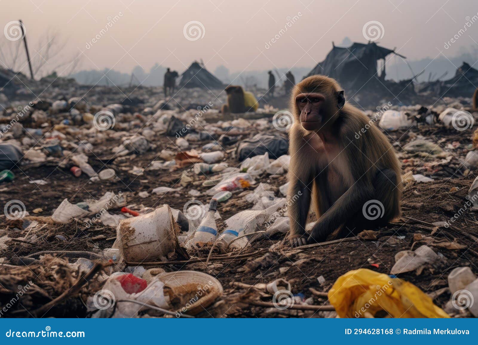Close-up View Capturing a Monkey Navigating through a Landfill ...