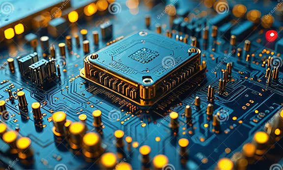 Close-up View Circuit Board Features Central CPU, Surrounded by Complex ...