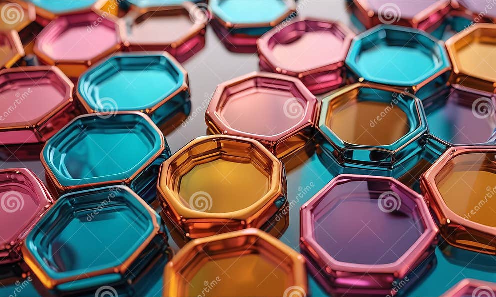 Close-up View Collection Colorful Hexagonal Objects, Possibly Metallic ...