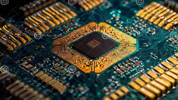 Close-up View of a Complex Microprocessor Circuit Board with Gold and ...