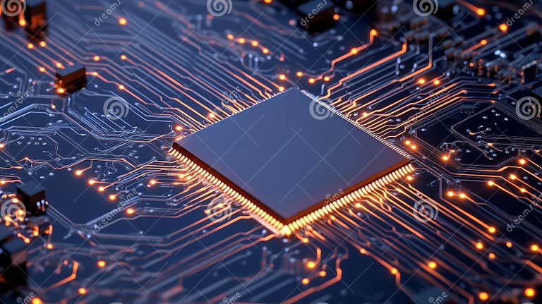 A Closeup View of a Computer Chip on a Circuit Board with Glowing ...
