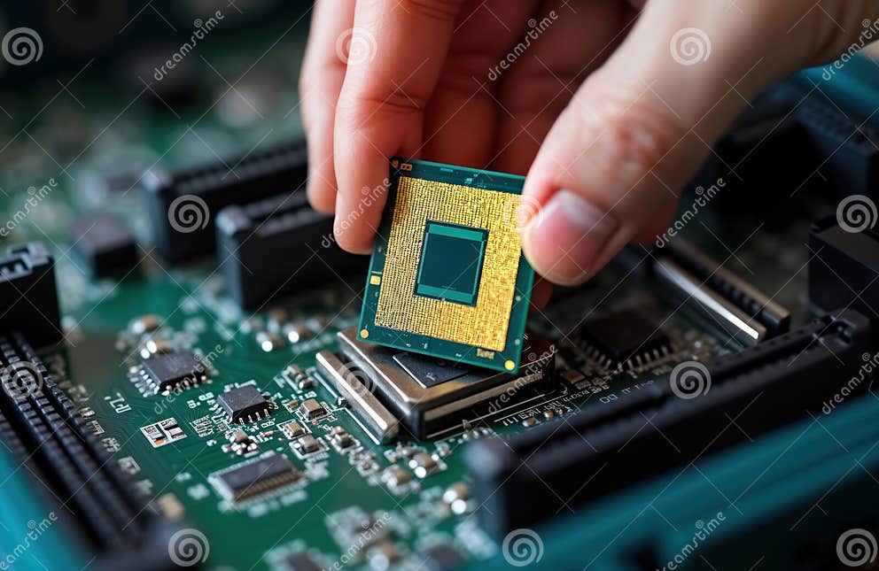 Close-up View of Computer Tech Maintenance. Person Installs Cpu Processor into Socket on Pc ...