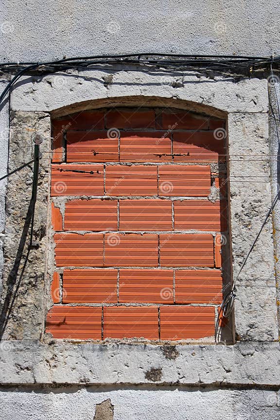 Close Up View of Concrete Window Covered with Brick Wall Stock Photo ...