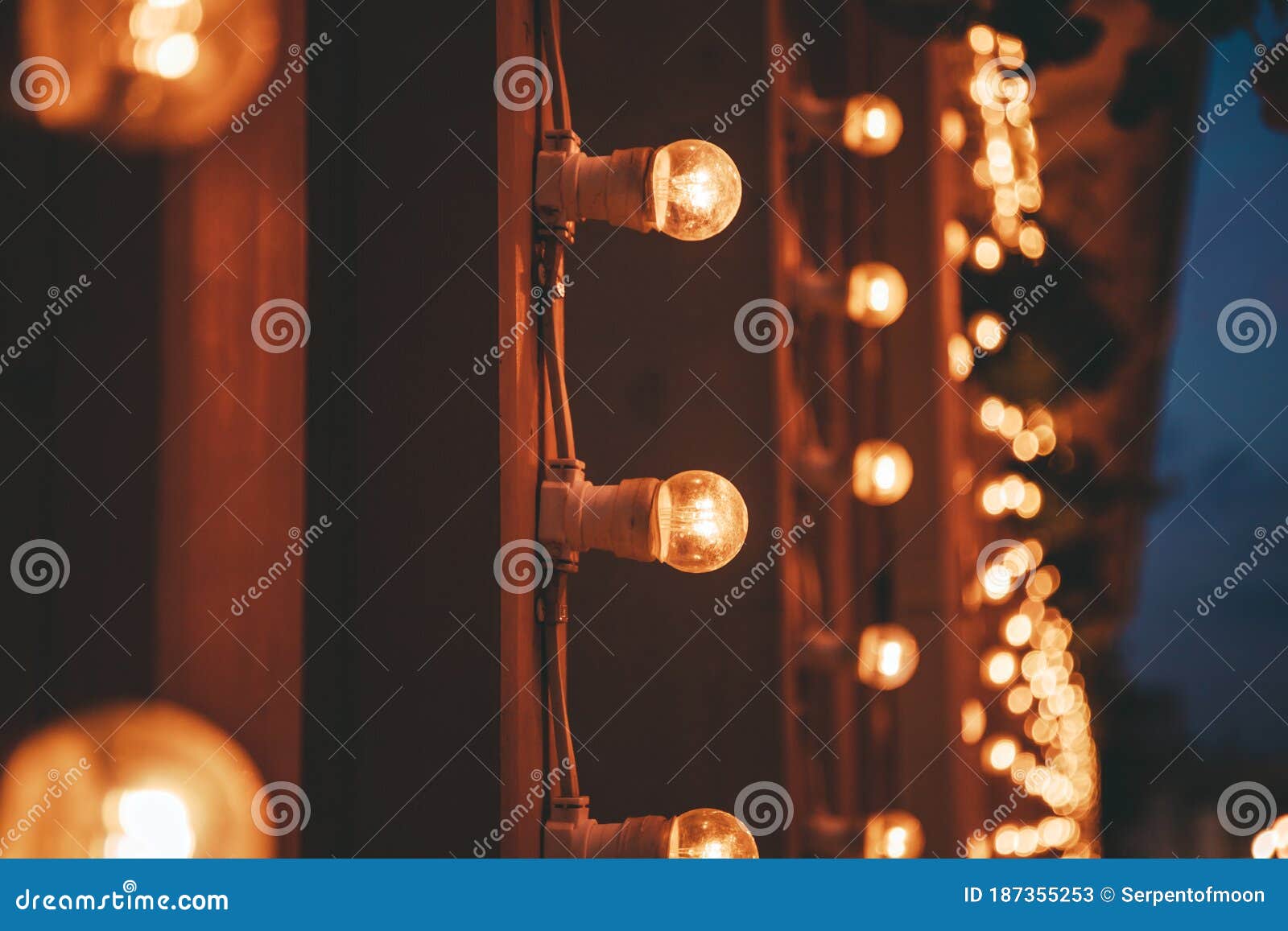 Close-up View of Decor Illuminated Bulbs on a Building at Night Stock ...