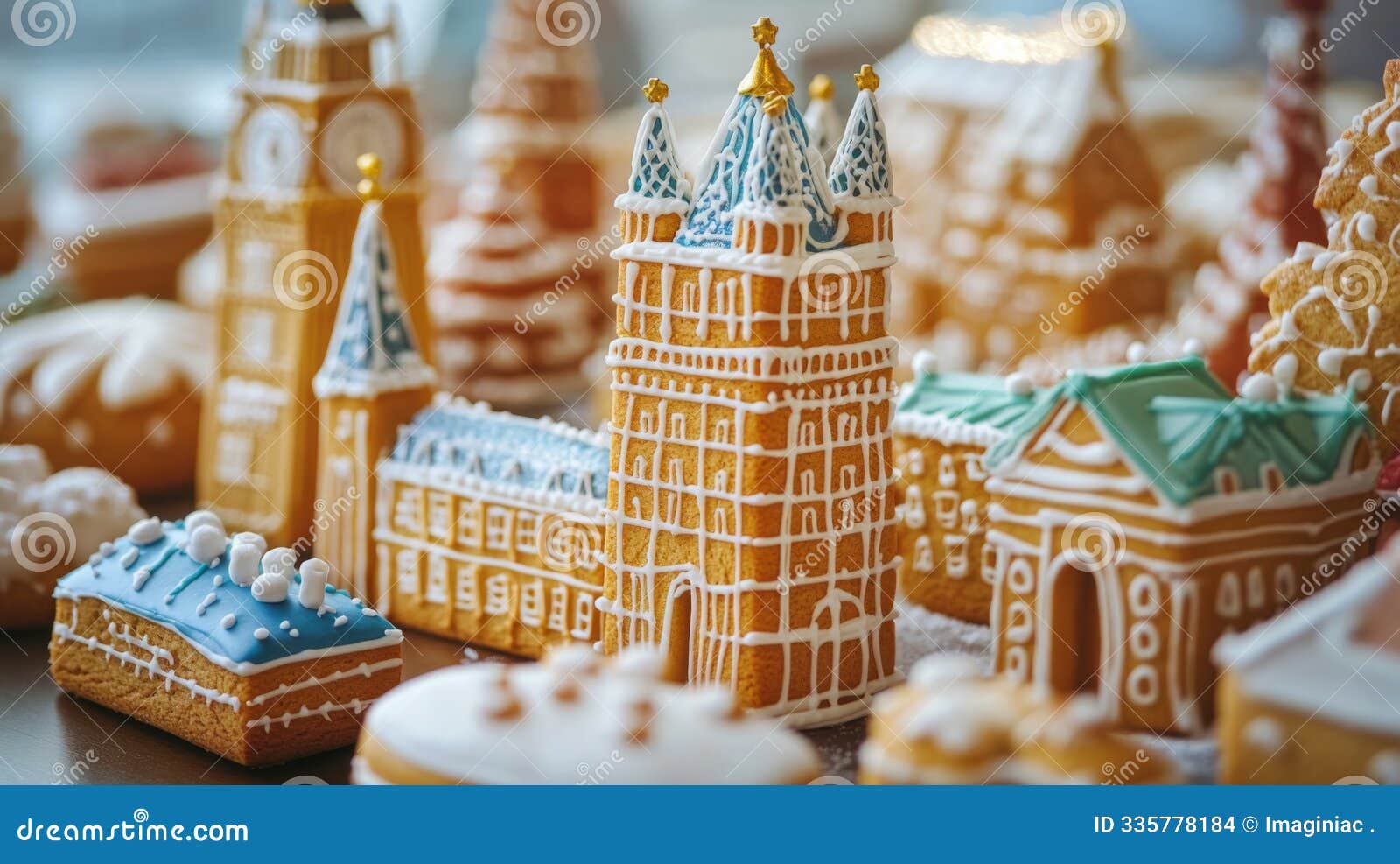 A Close-up View of Decorated Gingerbread Houses and a Tower Stock ...