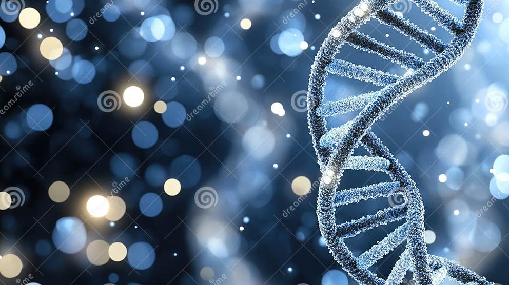 A Close-up View of a DNA Helix Surrounded by Luminous Blue Particles ...