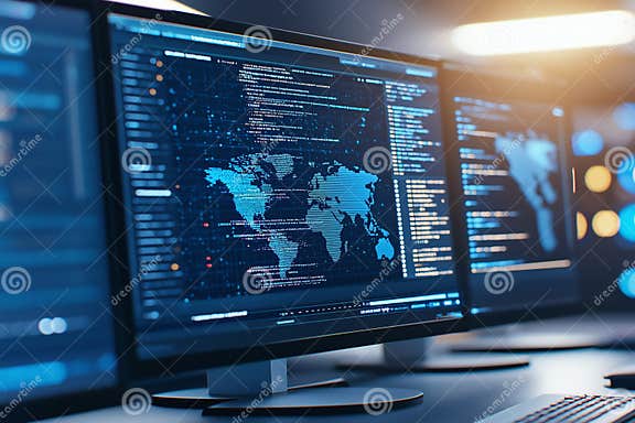 A Closeup View of Dual Computer Screens Displaying Code and a World Map ...
