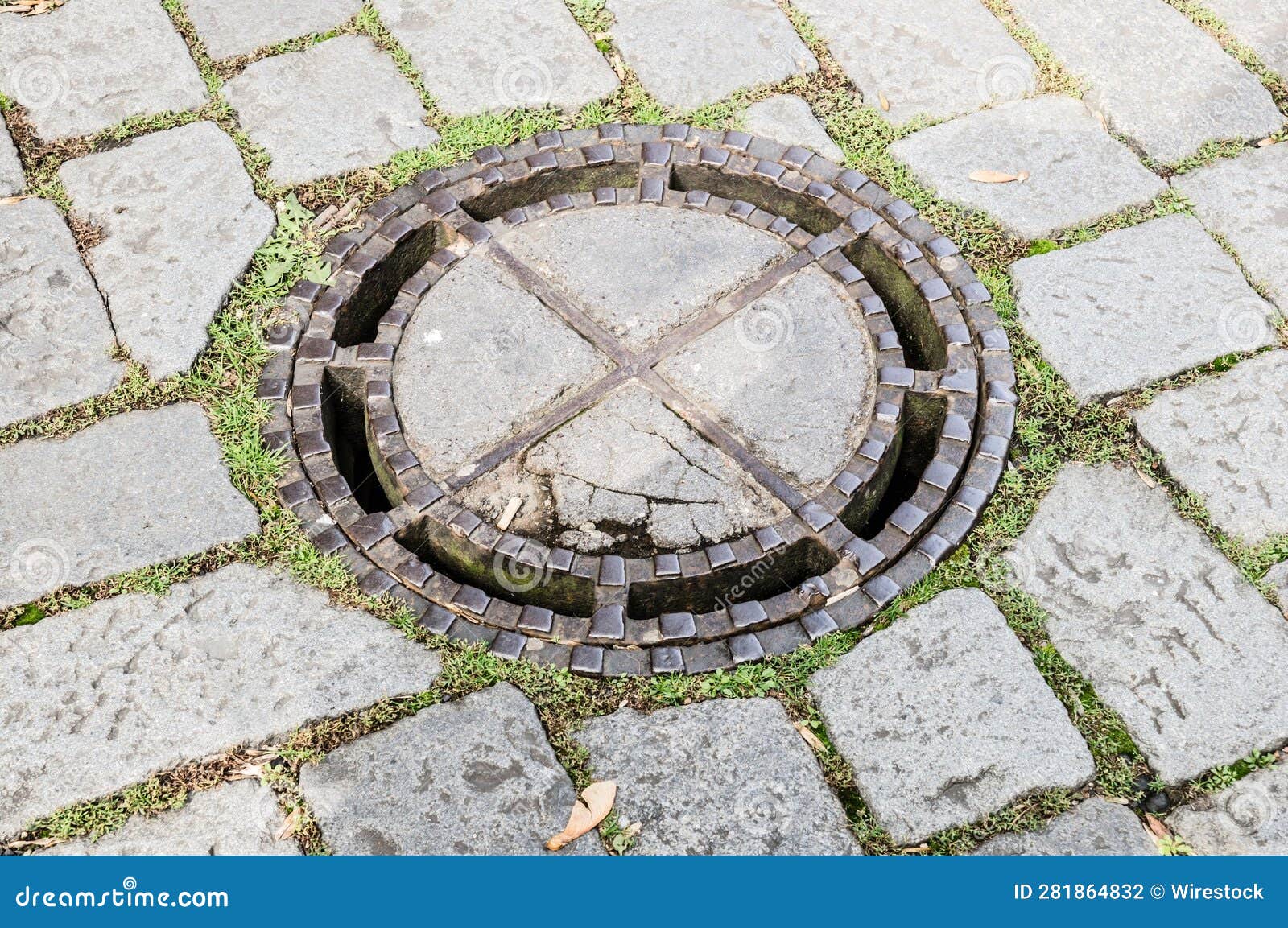 Close-up View of an Empty Manhole Set on a Surface of Red Brick Tiles ...