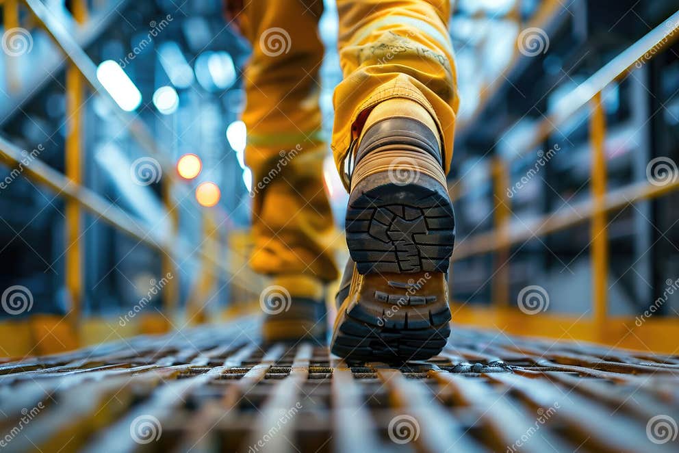 The Close Up View of Engineer Working Inside Factory and Focus on Boots ...