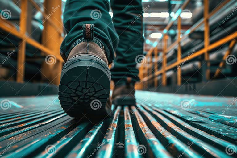 The Close Up View of Engineer Working Inside Factory and Focus on Boots ...