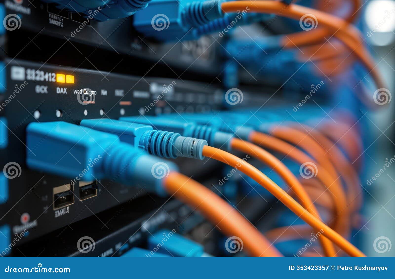 Close-up View Of Fiber Optic Cables Connected To Server Rack Front ...