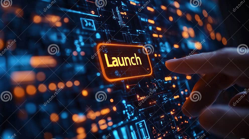 Close Up View of Finger Pressing Launch Button on Digital Interface ...