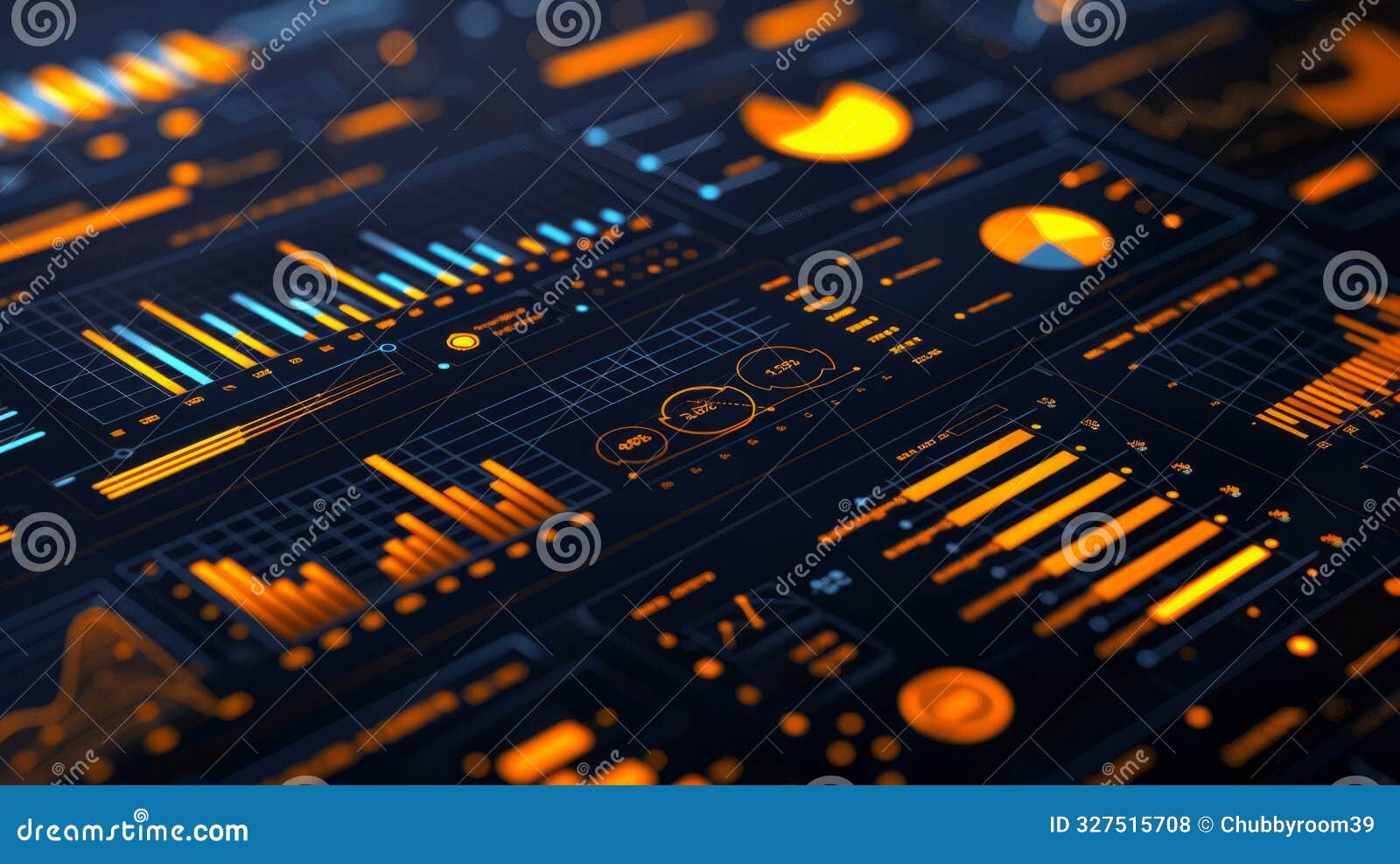 Close-up View of a Futuristic Digital Dashboard with Glowing Orange and ...