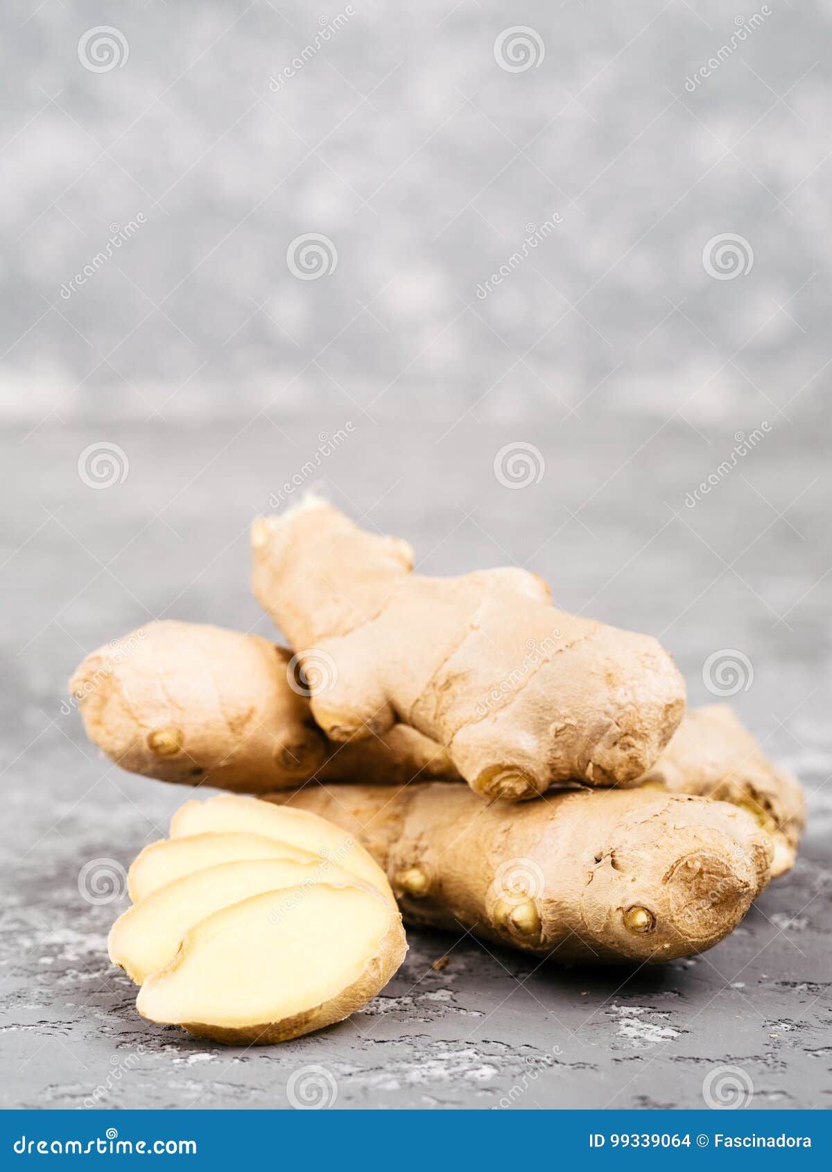 Ginger Slice and Ginger Root on Gray Background Stock Photo - Image of ...