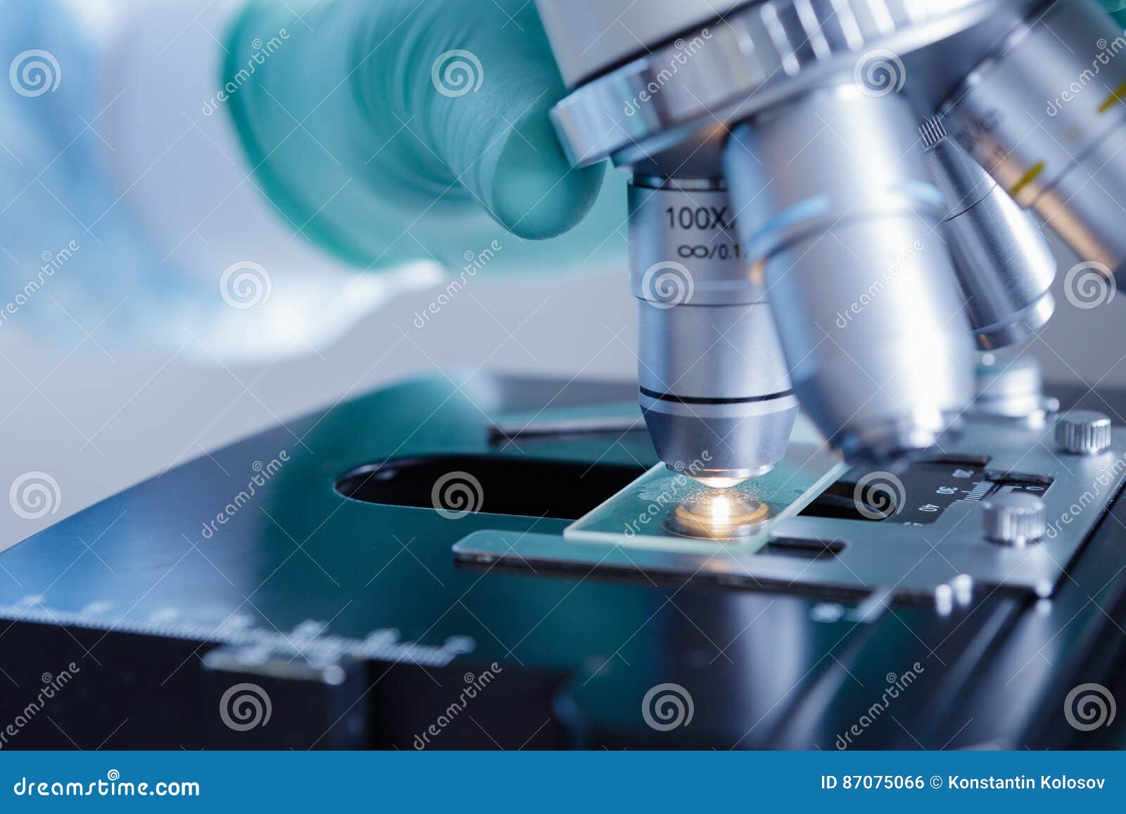 Close Up View of Glass Under Microscope Stock Photo - Image of gloves ...