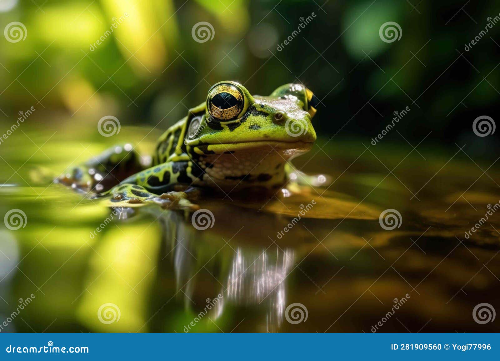 A Close-up View of a Green Frog Floating in a Rainforest. Created with ...