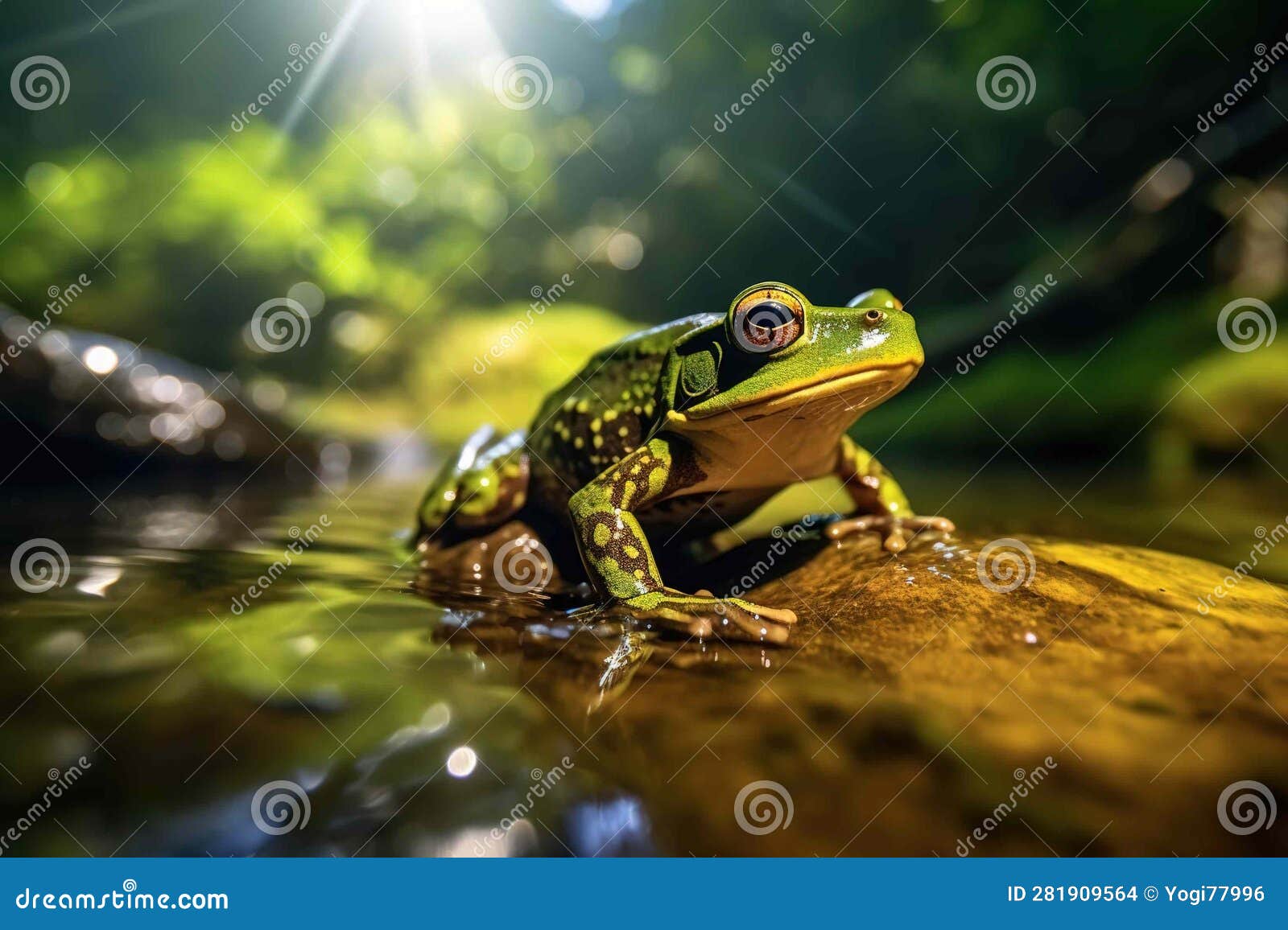 A Close-up View of a Green Frog Floating in a Rainforest. Created with ...
