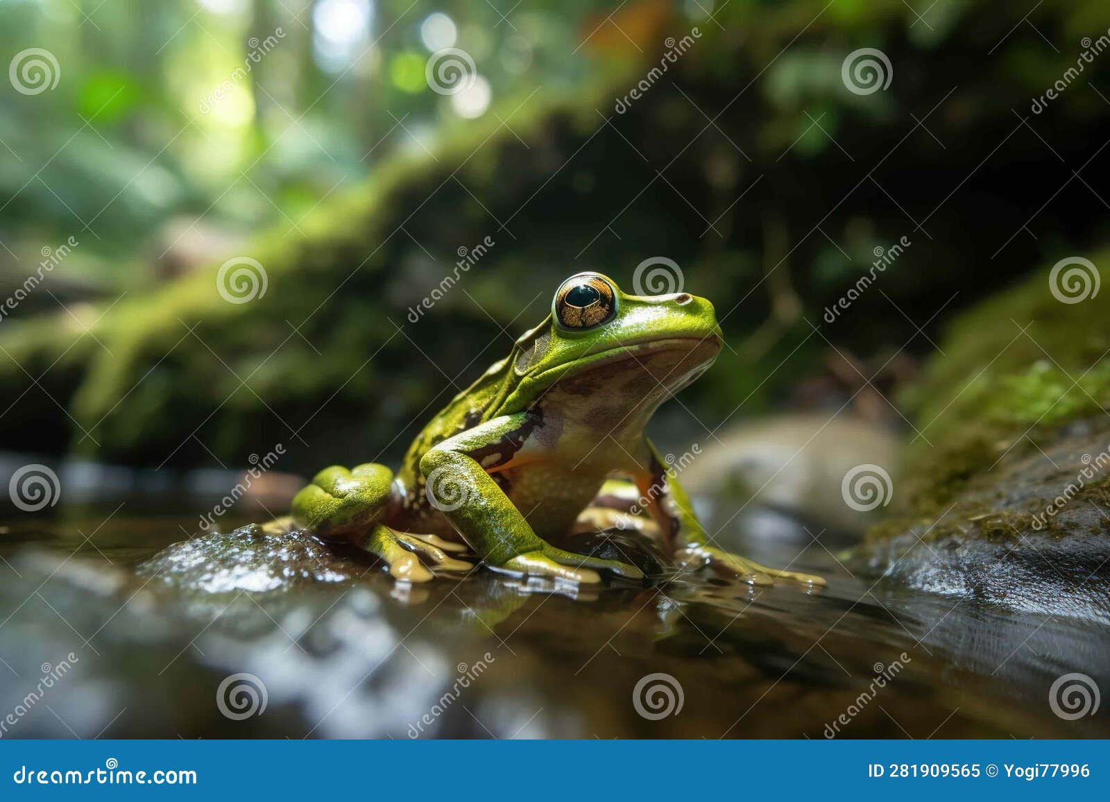 A Close-up View of a Green Frog Floating in a Rainforest. Created with ...