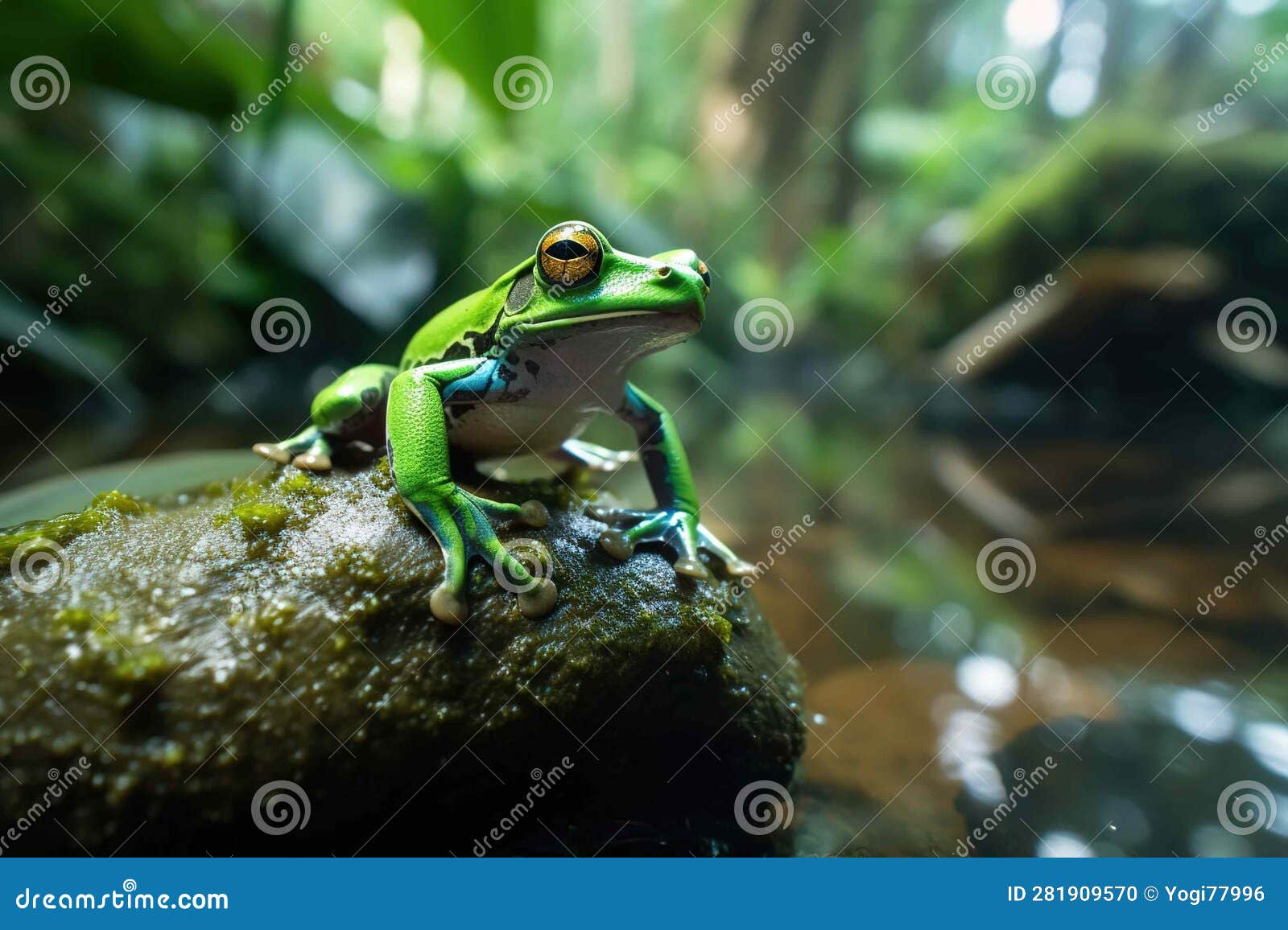 A Close-up View of a Green Frog Floating in a Rainforest. Created with ...