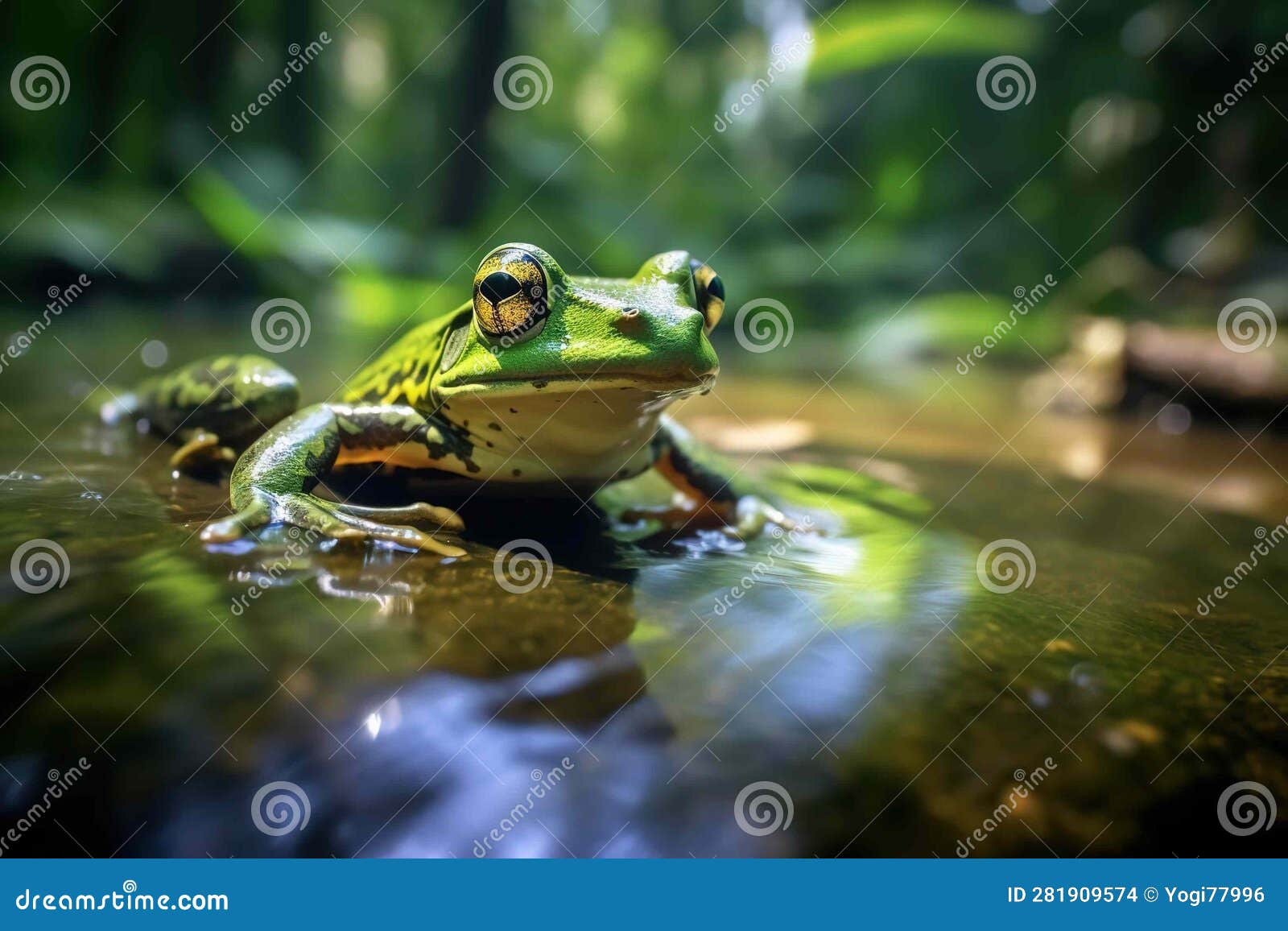A Close-up View of a Green Frog Floating in a Rainforest. Created with ...