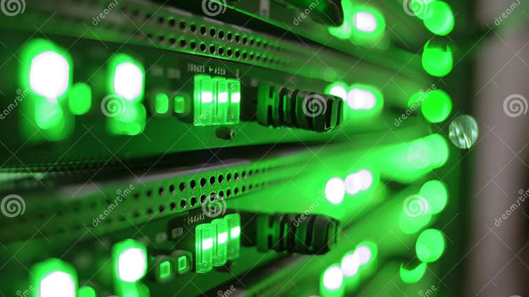 Close-Up View of Green Server Light Indicators Blinking on Server Rack ...