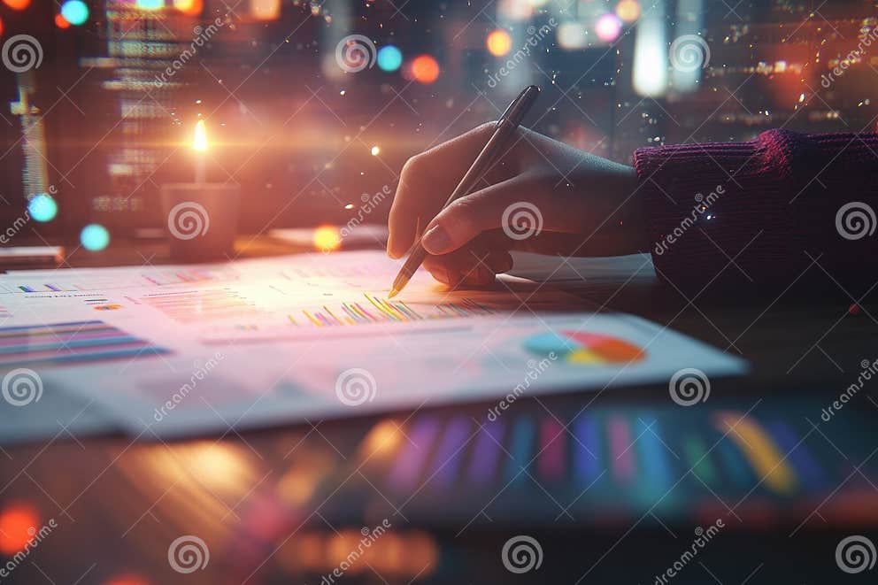Detailed Close-Up of Hand Analyzing Financial Documents in a Softly Lit Environment with Charts ...