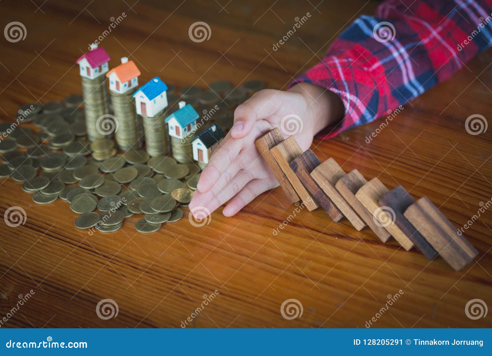 Close Up View on Hand of Business Woman Stopping Falling Blocks Stock ...