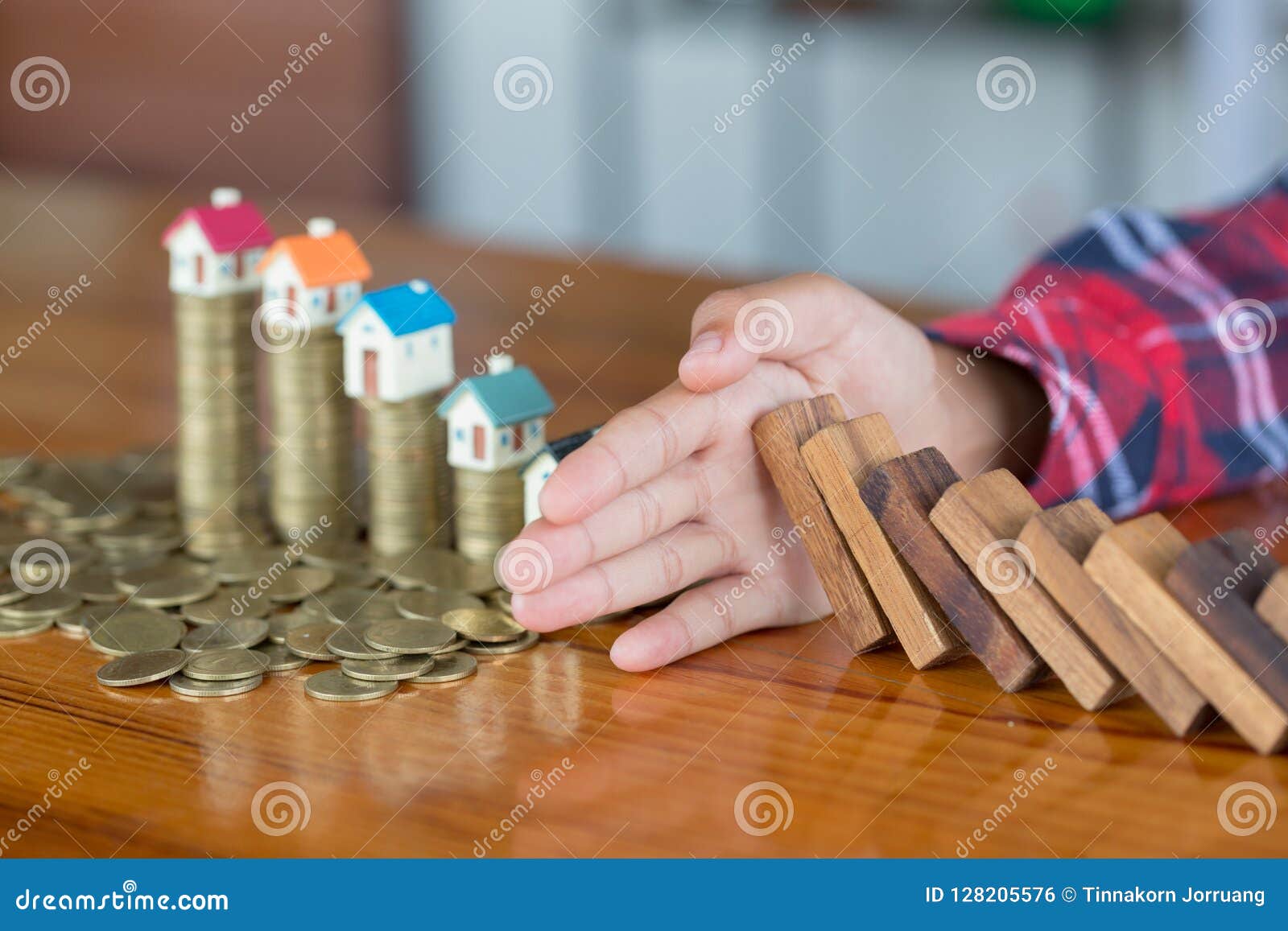 Close Up View on Hand of Business Woman Stopping Falling Blocks Stock ...