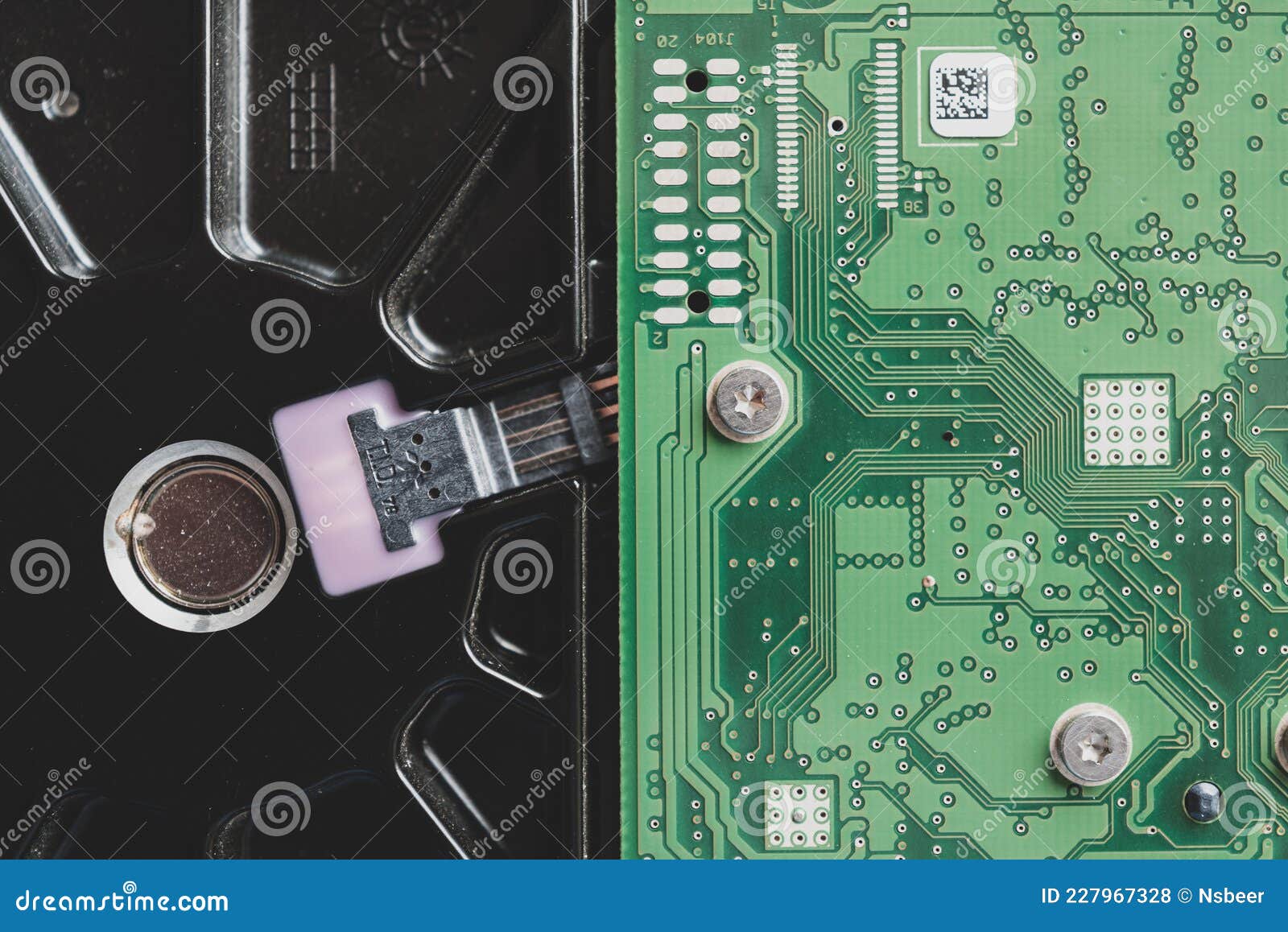 Close-up View of a Hard Disk Storage Device Showing the Green PCB and ...