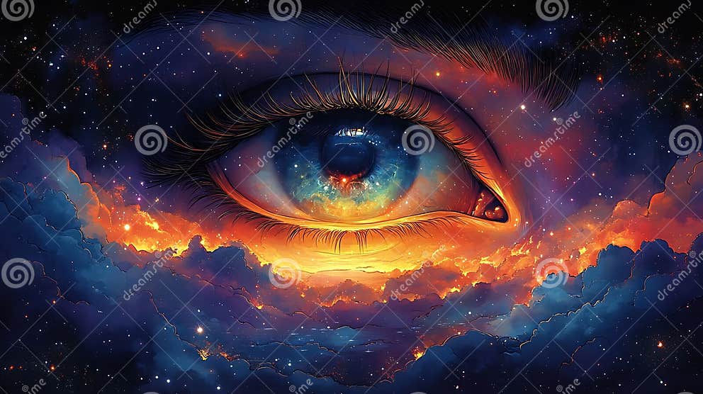 A Close-up View of a Human Eye with a Starry Sky and Clouds Reflected ...