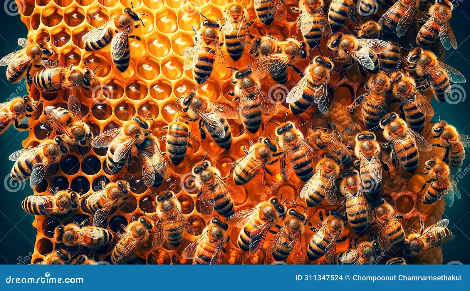 Close Up, Industrious Bees Labor On Honeycomb Cells Royalty-Free Stock ...