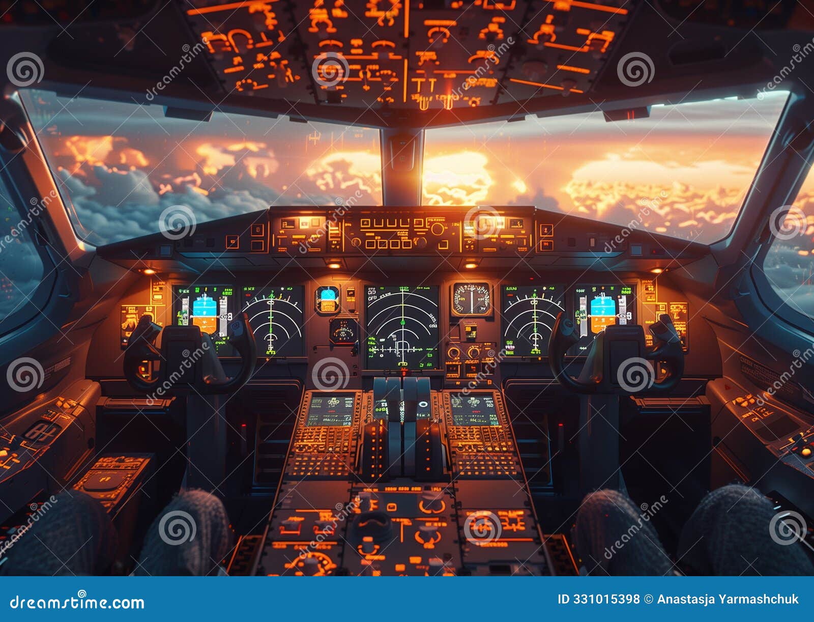 A Close-up View Inside the Cockpit of a Commercial Jetliner Stock ...