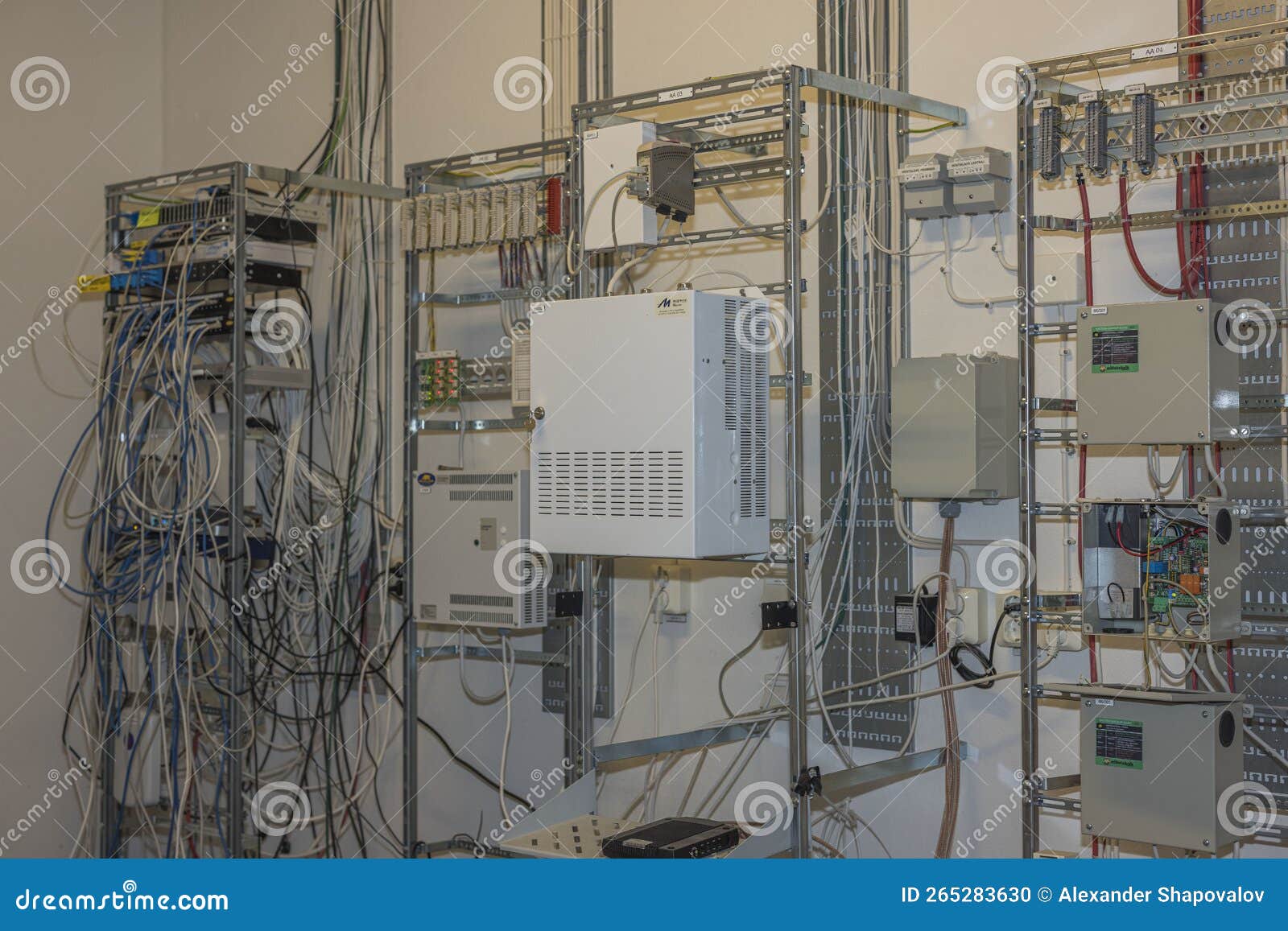 Close Up View of Interior Technical Computer Room with All Cable ...