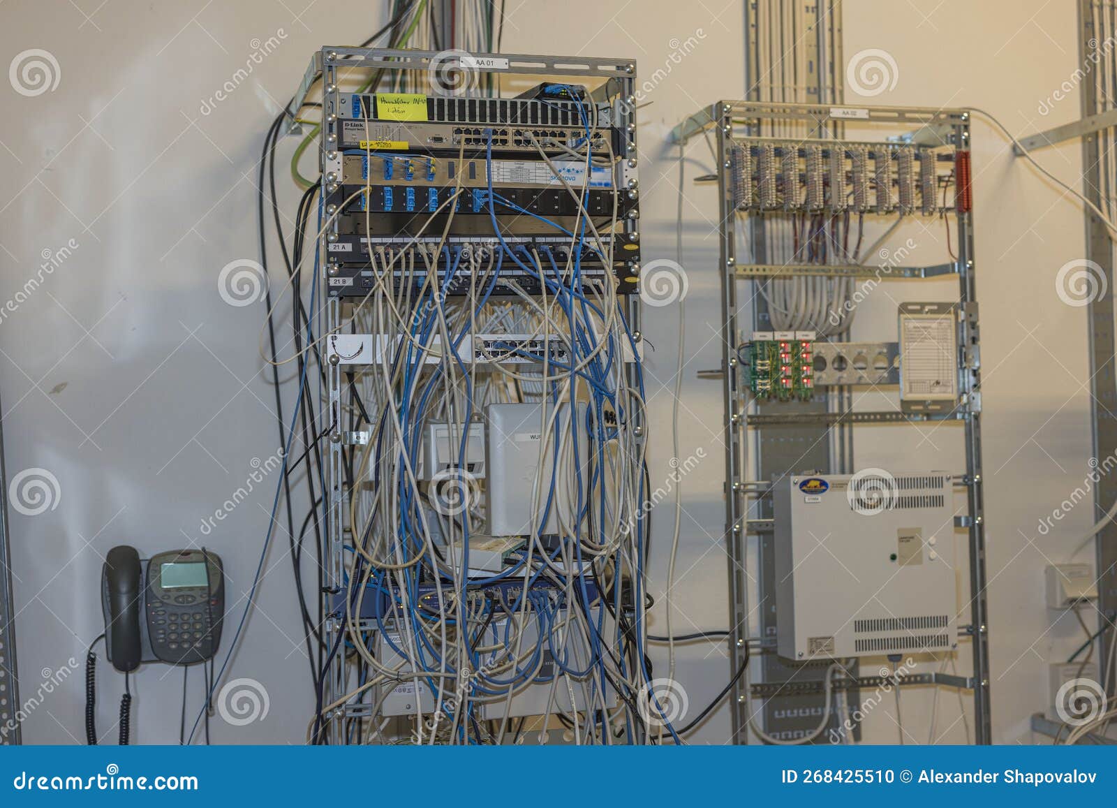 Close Up View of Interior View Technical Computer Room with All Cable ...