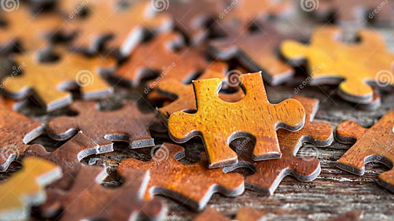 Close-up View Jigsaw Puzzle Pieces Scattered on Wooden Surface. Problem ...