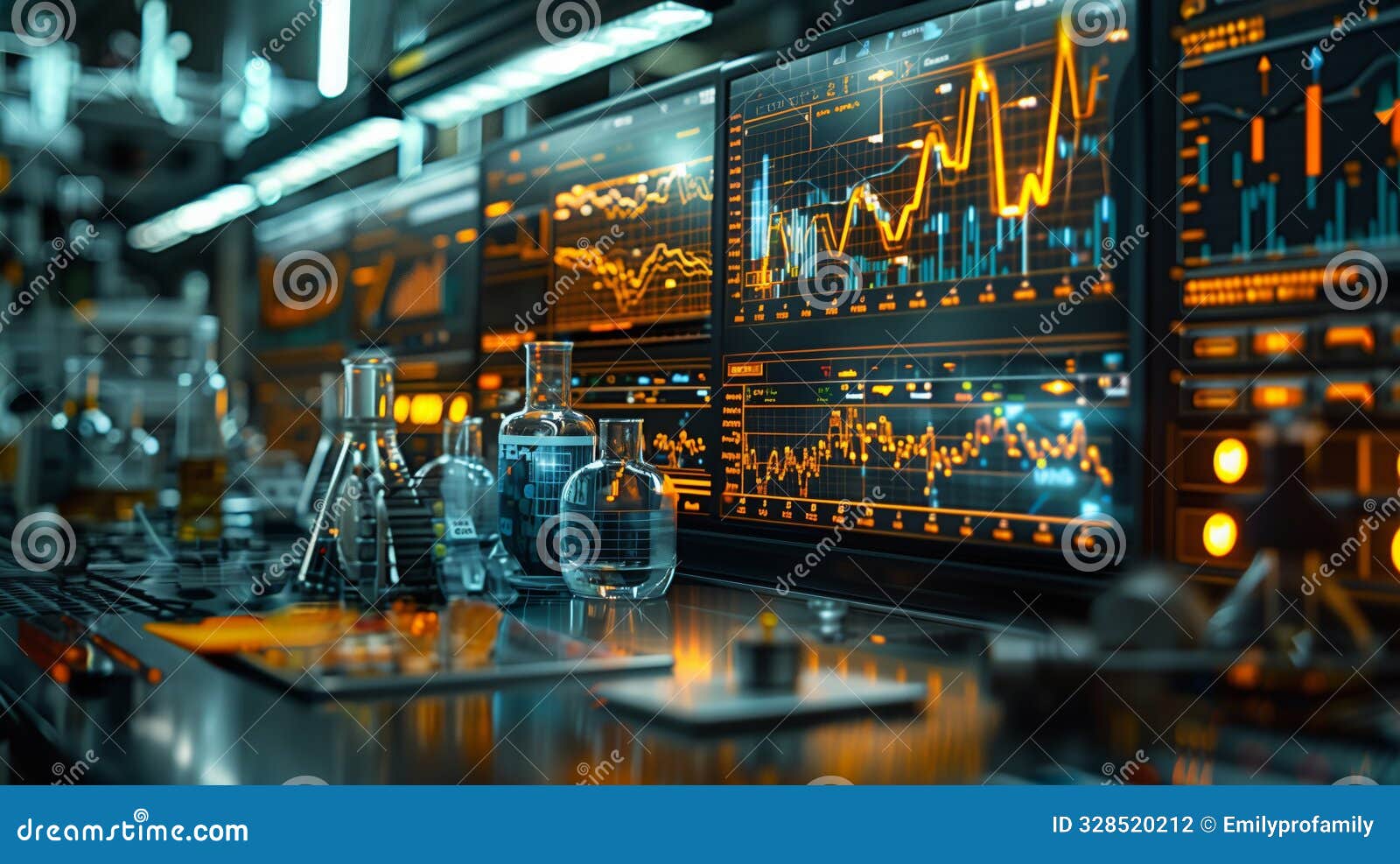Close-Up View of Laboratory Beaker and Data Displays Stock Photo ...
