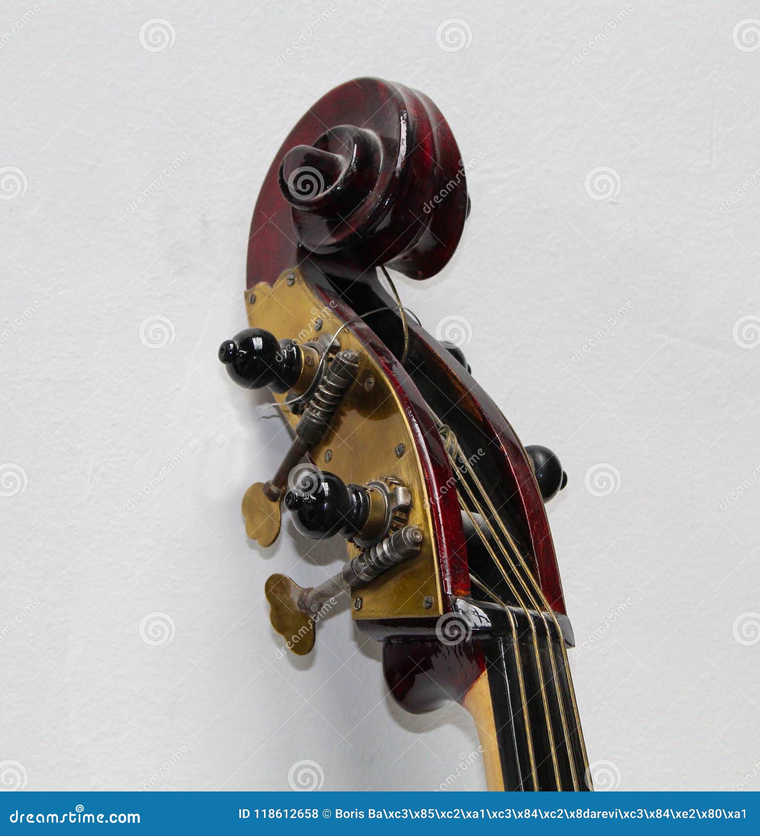 The Close Up View of Left Side of Contrabass Head. Stock Photo - Image ...