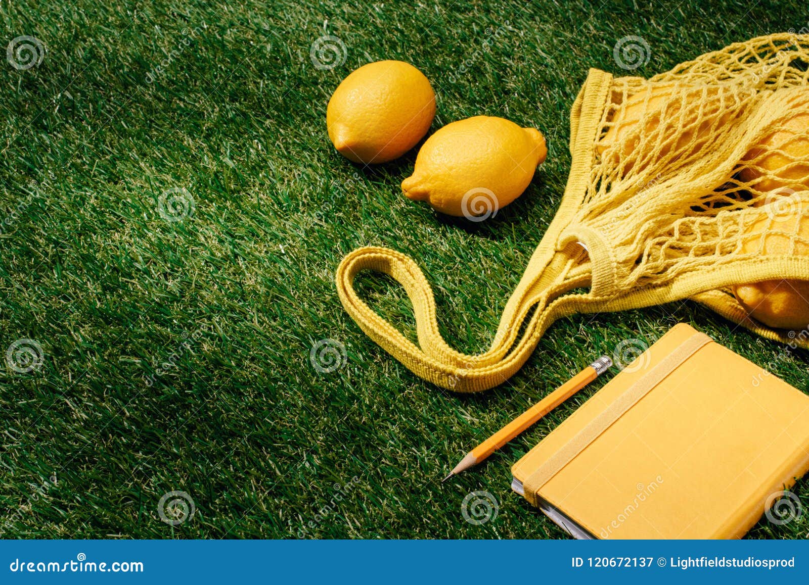 Close Up View of Lemons, Net and Textbook with Pencil Stock Image ...