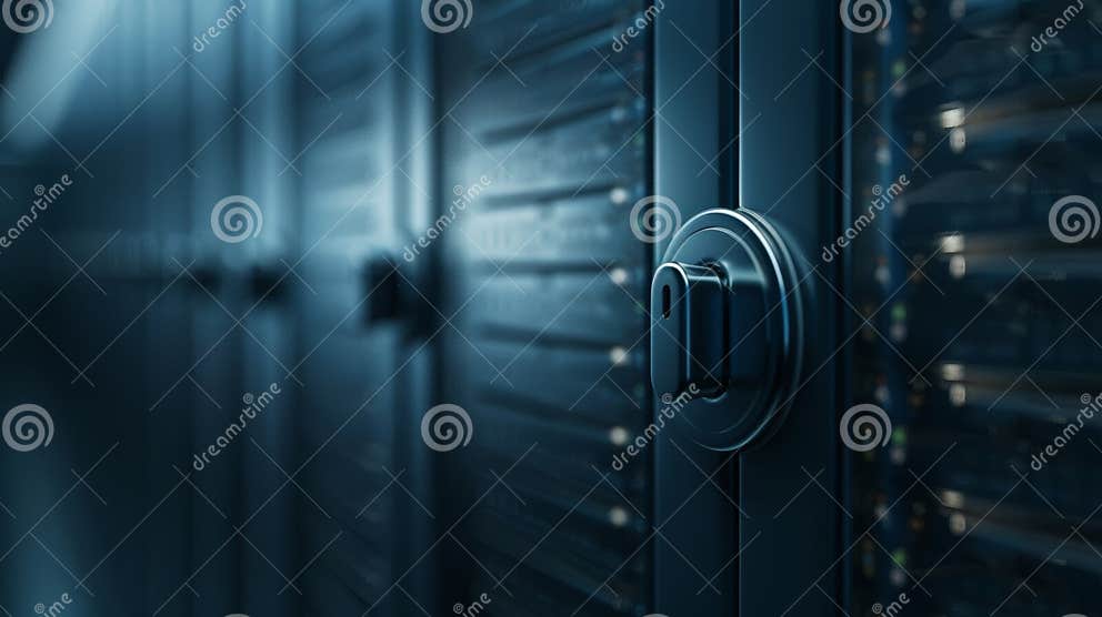Close-up View of Locked Server Unit in Data Center, Highlighting ...