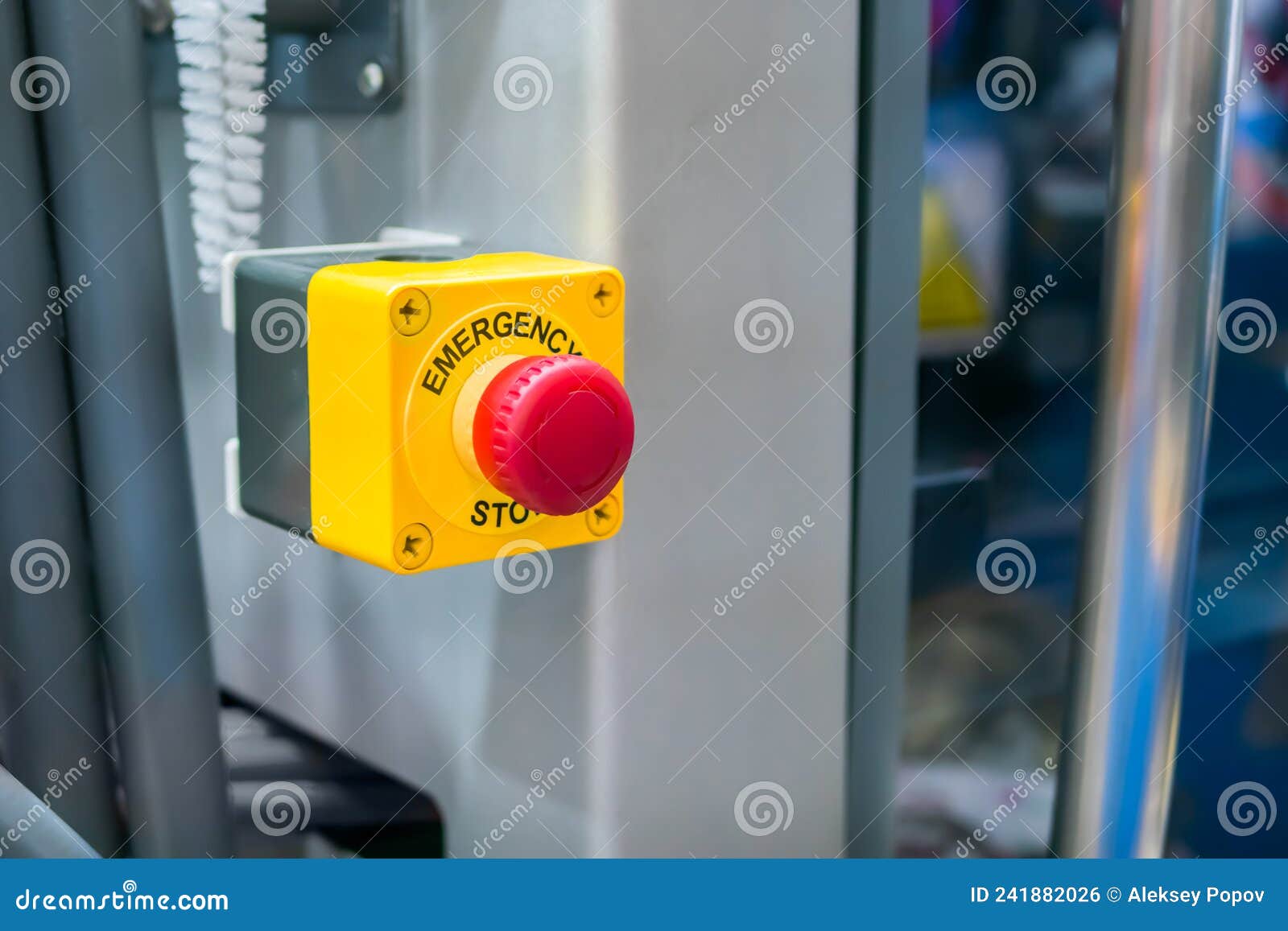 Close Up View: Machine Control Panel with Red Switch Button - Emergency ...