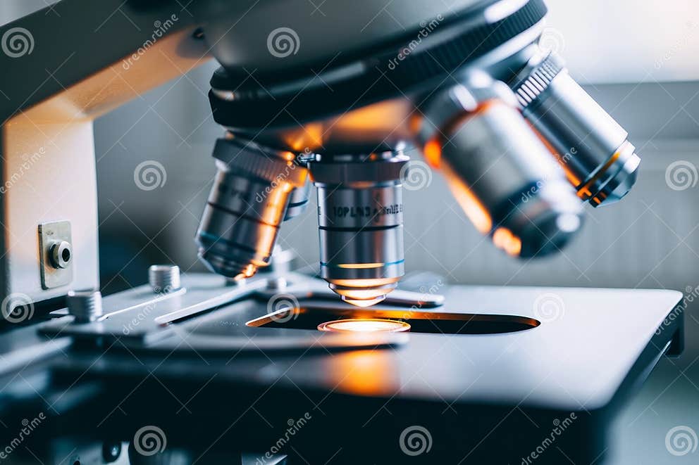 Close Up View of a Microscope with a Light Shining on it in a ...