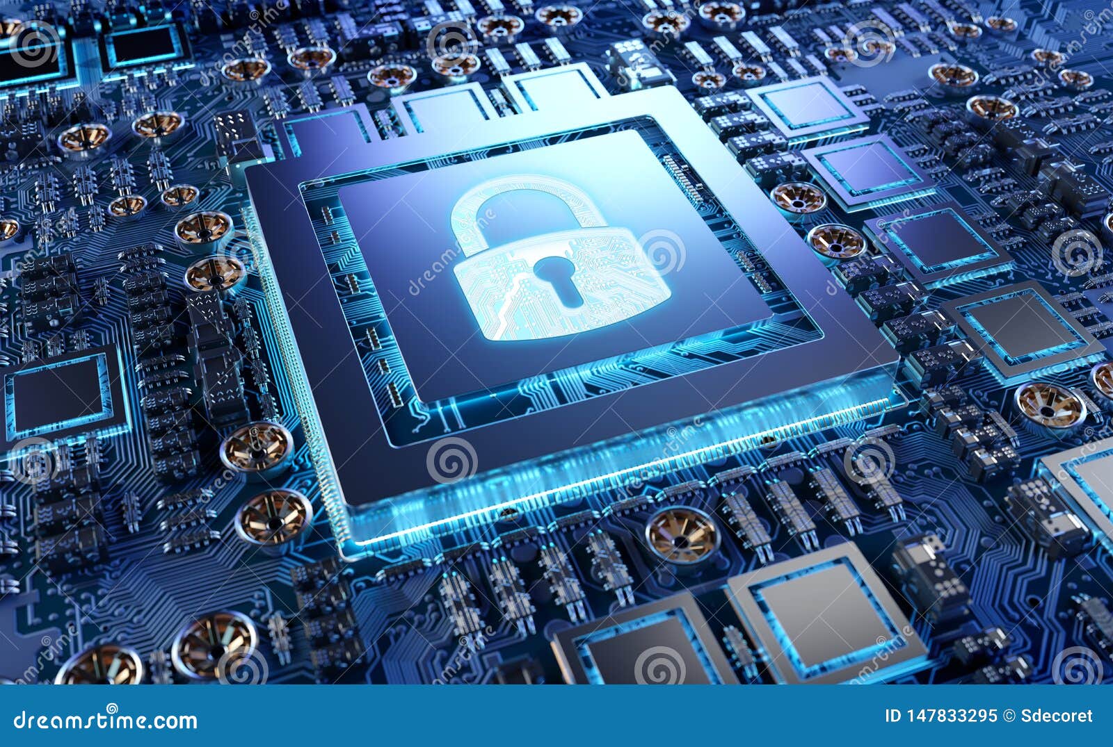 Close-up View of a Modern GPU Card with Padlock Protection 3D Rendering ...