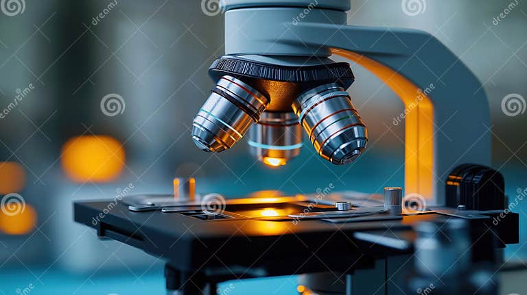 Close-up View of Modern Microscope. Advanced Tech Equipment Illuminated ...