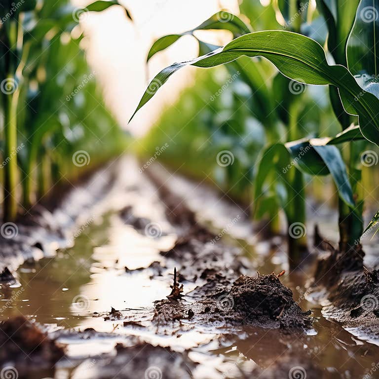 Waterlogged Mud Path in Cornfield after Rainfall. Generative AI Stock ...
