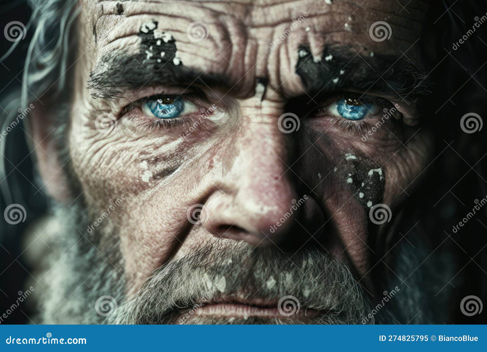 Close Up View of Old Warrior Man Face with Serious and Sad Emotion ...