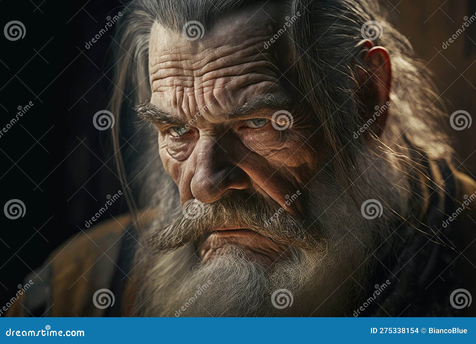 Close Up View of Old Warrior Man Face with Serious and Sad Emotion ...