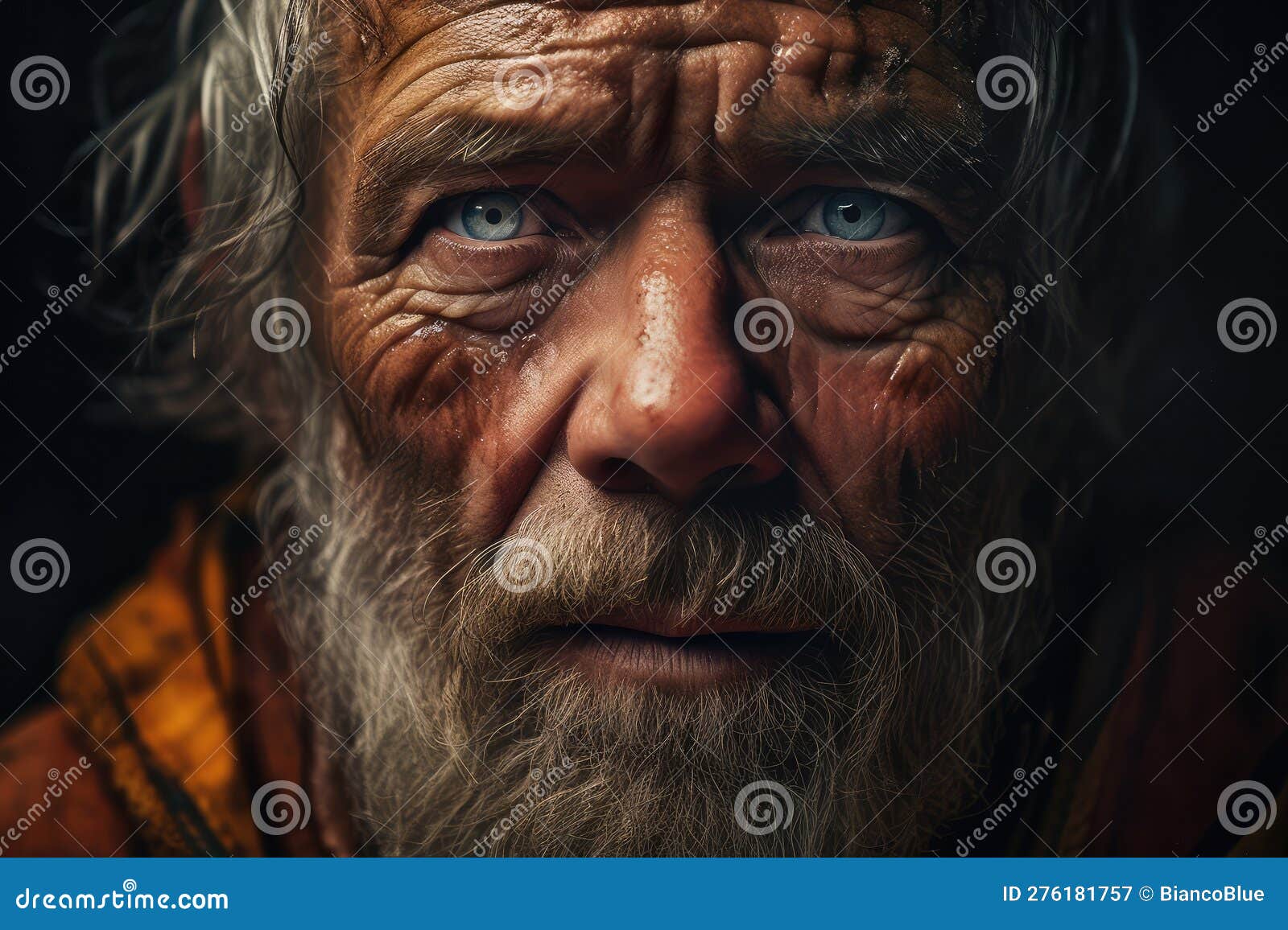 Close Up View of Old Warrior Man Face with Serious and Sad Emotion ...