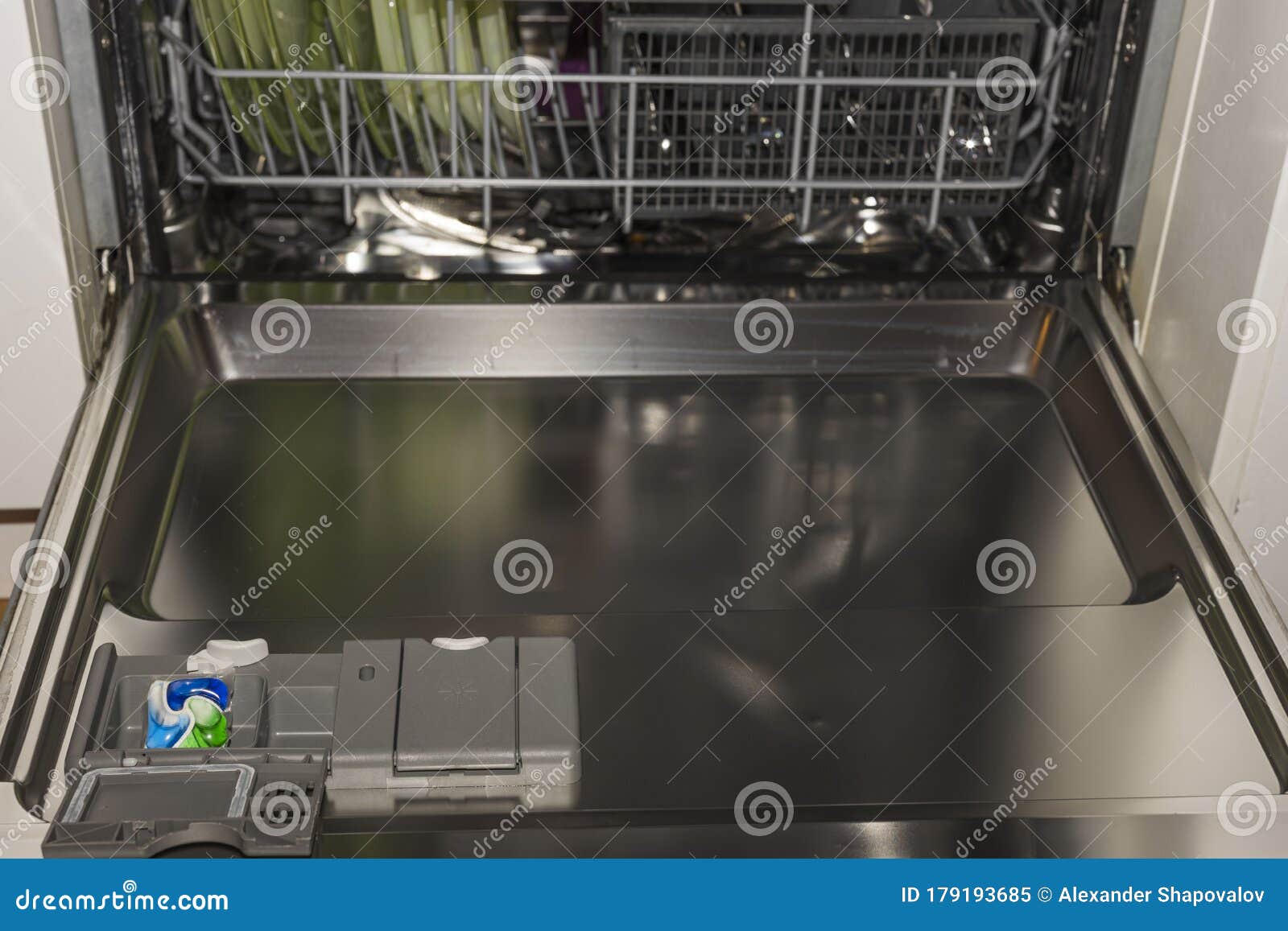 Close Up View of Open Dishwasher. Technology Background, Stock Image ...