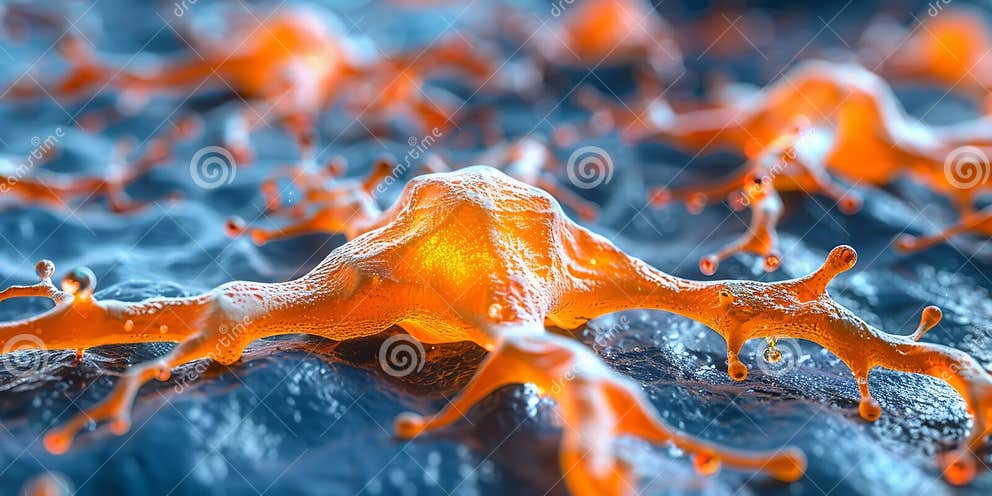 Close-up View of an Orange Synaptic-like Structure on a Dark, Textured ...