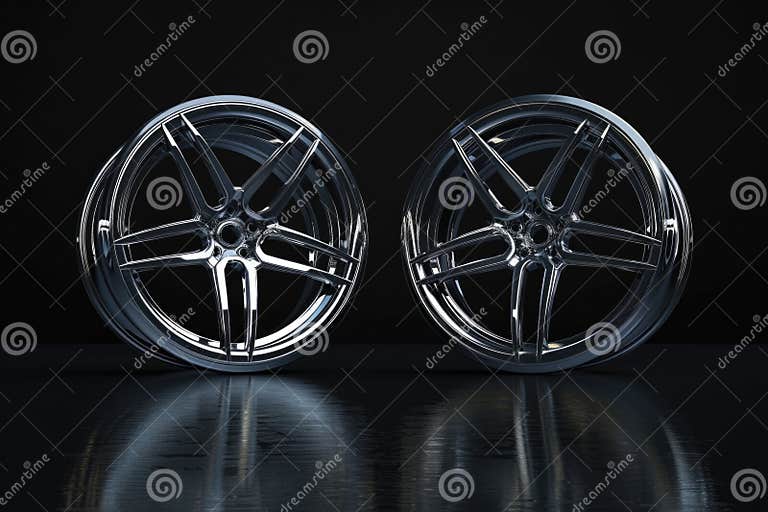 Close-up View of a Pair of Chrome Rims on a Black Surface Stock Photo ...